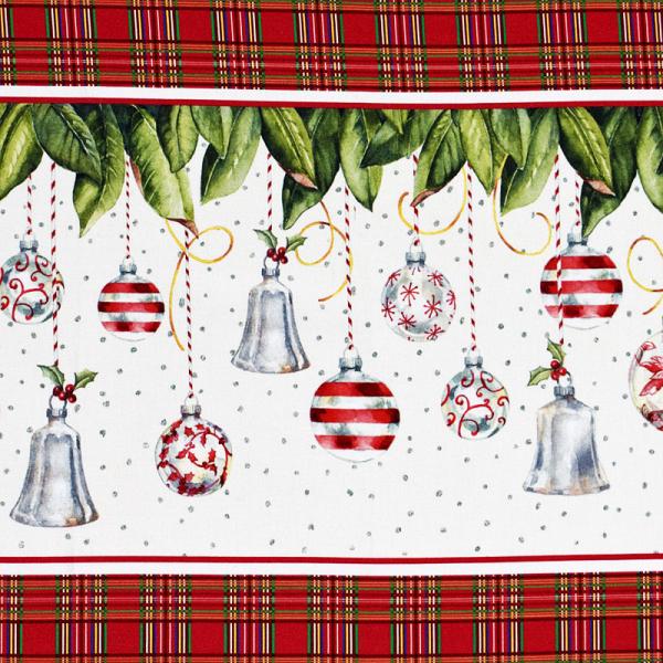 ガラスオーナメントと赤系タータンチェックが交互に重なる、クラシカルなホリデーボーダー。テーブルランナーや玄関のタペストリーに映える、冬の定番コットンです。オーナメンタル・クリスマスornamental christ OCHR #65062 ...