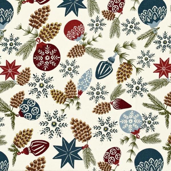クラシックなクリスマスオーナメント、繊細な雪の結晶、そして松ぼっくりが散りばめられた、落ち着いた雰囲気のトス柄コットンプリントです。ヴィンテージ感のある色合いと細やかな描写が特徴のデザイン。巾着やポーチ、ギフトバッグなどの小物づくりに。パッ...