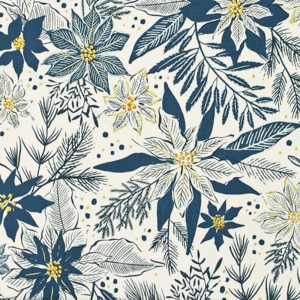 落ち着いた色合いのネイビーで描かれたポインセチアにゴールドラメをあしらった上品なコットンプリント。華美になりすぎず、クラシックな雰囲気のクリスマス作品に仕上がります。クリスマス・シーズンらしさを取り入れた巾着やポーチ、 キルト、テーブル・ラ...