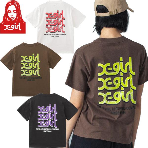 X-girl ( エックスガール ) より、DRIPPING PAINT LOGO S/S TEEです☆☆今季もマストバイ！大人気のX-girlロゴグラフィックTシャツバックプリントの三連のX-girlロゴが目を惹く半袖Tシャツ。筆で飛ばし...