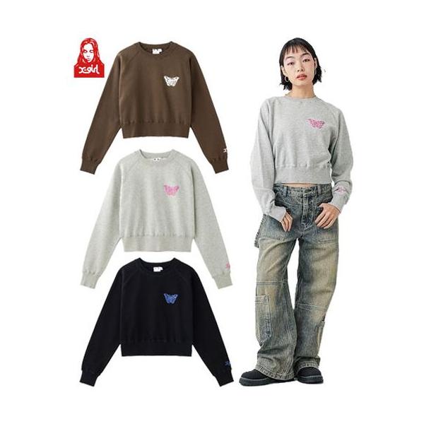 X-girl ( エックスガール ) より、BUTTERFLY RAGLAN COMPACT SWEAT TOPです☆☆ワンポイントのラグランスウェットバタフライのワンポイントが目を惹くスウェットトップス。ラメ入りのぷっくりした発砲プリント...