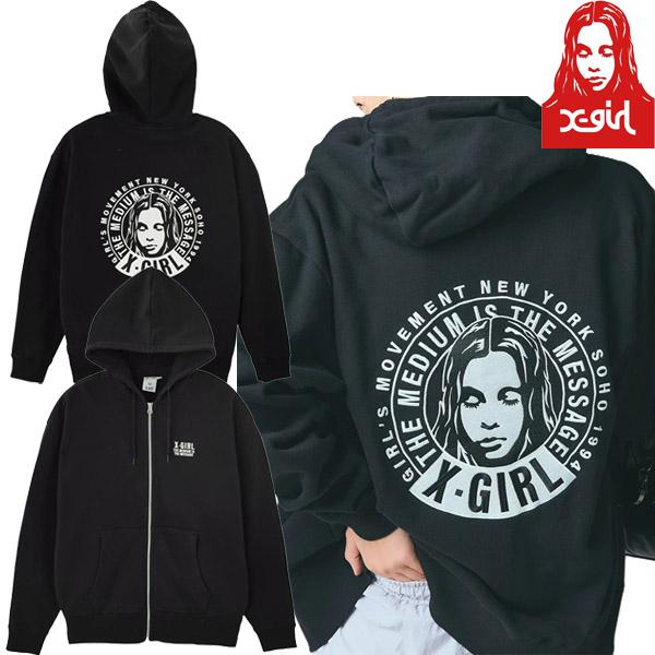X-girl ( エックスガール ) より、CIRCLE MESSAGE AND FACE ZIP UP SWEAT HOODIEです☆☆大人気のFACEロゴデザイン！一枚持っておきたい定番ジップパーカー■デザイン一枚でサマになるスウェット...