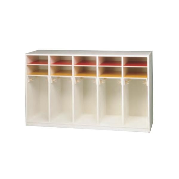 1枠にフックが4個付いたロッカーかわいいながら落ち着きのあるカラーリングのフック付きロッカーです。材質：本体＝ポリエステル化粧合板／プリント化粧合板／ 棚板＝シナ合板本体サイズ　W1545×D443×H940mm