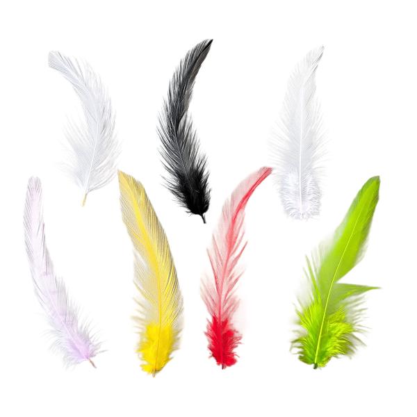 結婚式のウェルカムボードにも使える♪ふんわり自然の羽・ハックルです。フェザーは漂白し、汚れを落としてあります。アクセサリーやストラップのお気に入りを作りましょう♪縦約７〜１２ｃｍ　横約１〜３ｃｍ　1袋（10枚入り）の販売です。・ニワトリの羽...