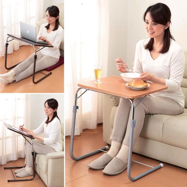 使いたい時だけ広げられてお部屋は広々。お食事の時に、パソコンに、書き物に。どなたでも簡単に引き寄せて使えるテーブル。わざわざテーブルの前に座る必要はありません！テレビの前や、ベッド、好きな所にこのテーブルを持ってくればOK！天板の角度は3段...