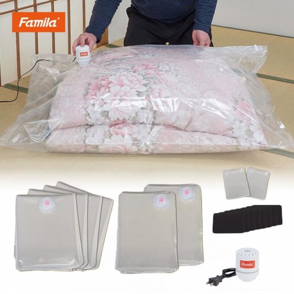 掃除機不要！専用吸引機でラクラク圧縮「ファミラ 圧縮袋27点セット」「布団や衣類をコンパクトに収納したいけど、掃除機を出すのが面倒…」そんなお悩みを解決する、専用の吸引機と圧縮袋のセットです。掃除機を使わずに、付属の小型吸引機でラクラク圧縮...