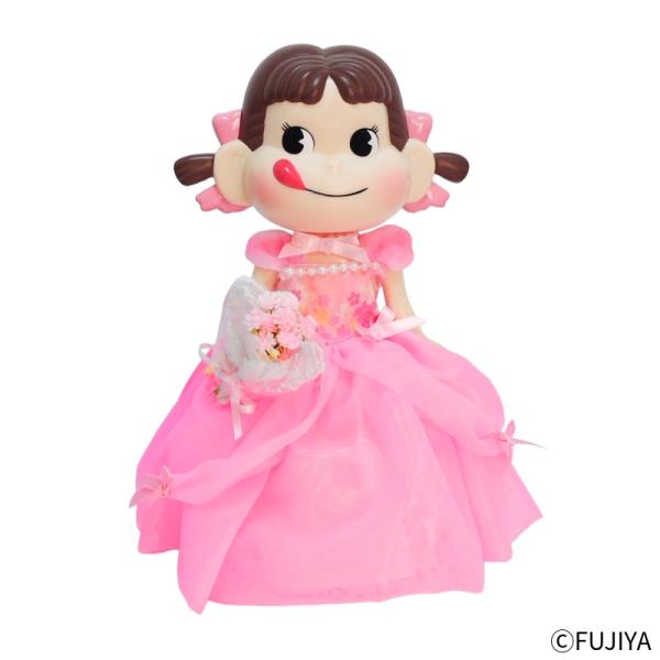 ふんわりと広がる桜色のドレスに身を包んだ、特別仕様のペコちゃん人形です。リボンをあしらい、上品で華やかな印象に仕上げました。手元には淡いピンクのブーケを添え、ハレの日を思わせる愛らしいスタイルを再現しています。ペコちゃんのチャームポイントで...