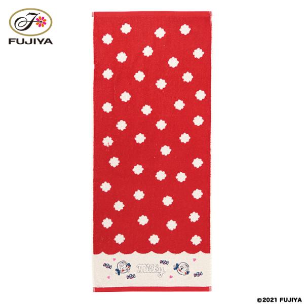 ミルキーペコちゃんデザインのタオルです。ペコちゃんとミルキーの刺繍がとってもキュート♪抗菌防臭加工を施しているので、嫌な臭いを防ぎ、繊維上の細菌の繁殖を抑制する効果があります！お子様にも安心してお使いください!(^^)!