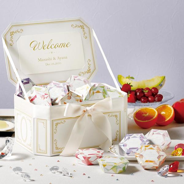 【返品不可／キャンセル不可】フルーティーダイヤ（ゼリー）40個セット ウェルカムオブジェ 結婚式 プチギフト お菓子 おしゃれ ジュエリーボックス風 名入れ 名前入り 挙式日 ウェディング パーティー 二次会 ギフト 送賓 お見送り お礼 ...