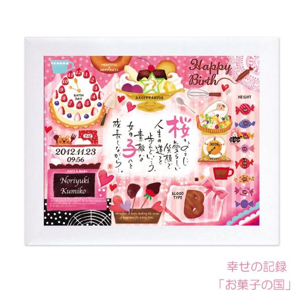 【返品不可】幸せの記録 お菓子の国 ホワイト（1人用） お七夜 命名書 額縁 命名 詩 名前詩 出産祝い 名入れ ギフト 名前入り プレゼント 男の子 女の子 ベビー メモリアル 記念品 誕生記念 出生時刻 出生身長 出生体重 記録 ネーム...