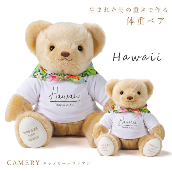 『CAMELY HAWAIIAN（キャメリー ハワイアン）』ぱっちりとした目とにっこり微笑んでいる口もと。見ているだけで癒される愛らしい表情のクマのぬいぐるみに、たくさんの想いを込めて。生まれた時の重さで作るメモリアルギフト、ウエイト・テデ...