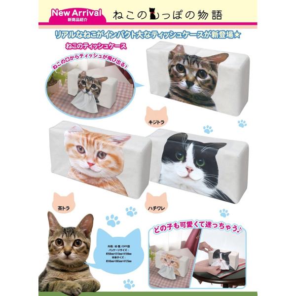 三種類の猫柄のティッシュカバー。リアル猫の口からかわいらしくティッシュがでてきます！サイズ：本体/W245×D65×H125(mm)　パッケージ/W260×D10×H180(mm)