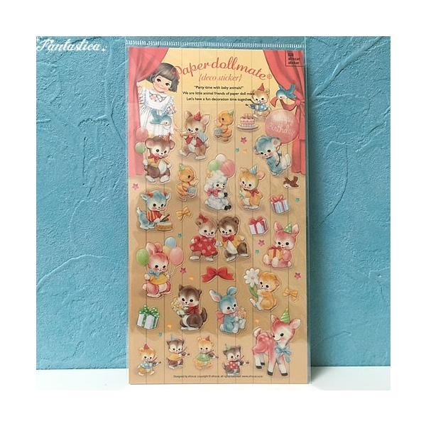 【クリックポスト発送可】ペーパードールメイトの夢かわいいシールが入荷しました。こちらはパーティータイムを楽しむレトロアニマルたちがフィーチャーされたキュートなステッカーシート。バンビにうさぎ、ネコに子羊、クマやヒヨコ、あ、小鳥たちまで！ノー...