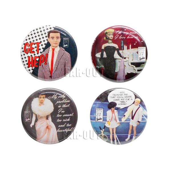 アメリカ　1989年　正規ライセンス品1950年代から1960年代にかけて発売された往年のバービーを中心にデザインした、バービー誕生30周年記念プロモーション用缶バッジ4点セット【セット内容】・ソロ・イン・ザ・スポット(Solo in th...