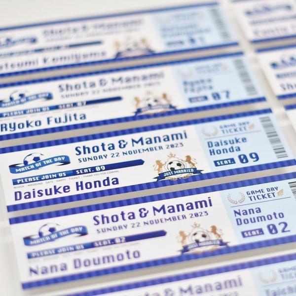 サッカーをテーマにデザインされたおしゃれなエスコートカード。ミシン目入りの半券付きで、演出やメッセージカードなどアイデア次第でいろいろ使えるチケットタイプのエスコートカードです。■商品お届け内容半券付きチケット風エスコートカード※ご注文は1...