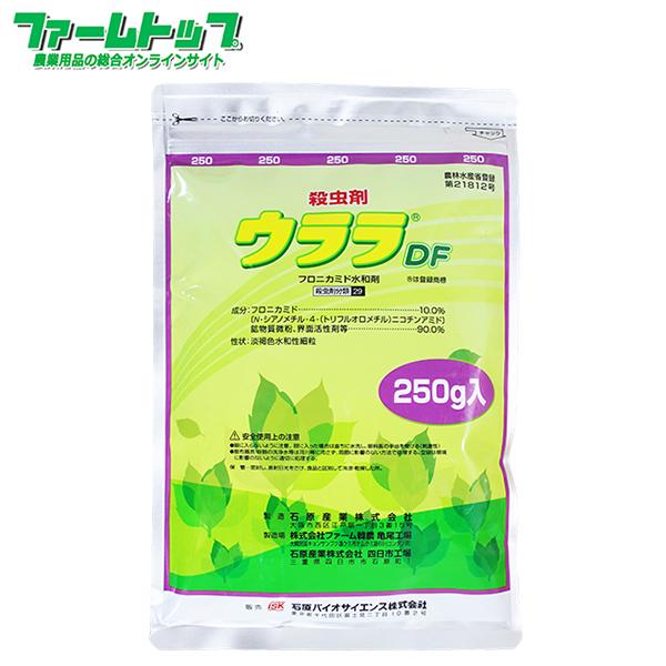 ウララDF　商品特長■アブラムシ類、コナジラミ類などのカメムシ目害虫や、アザミウマ類に対して殺虫効果があります。　■特にアブラムシ類に対しては、種に関わらず高い効果を示し、作物によっては４０００倍（２５ppm）まで使用することができます。■...
