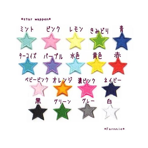 商品名:星のアイロンワッペン【Ｍ】フェルトのアップリケ枚数:１枚サイズ:Ｍ大きさ:よこ：約3ｃｍ　たて：約3ｃｍカラー:ミント・ピンク・レモン・ターコイズ・パープル・水色・きみどり・黄色・赤・青・オレンジ・濃ピンク・白・黒・ベビーピンク・ネ...