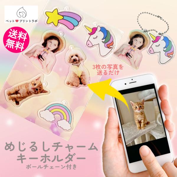 お洒落でかわいいプレートで届くめじるしチャームキーホルダー。3〜5cmぐらいのチャームが全部で6個もついているでボリューム満点。流れ星 ユニコーン 虹 のモチーフがあなたの大事な写真チャームを際立たせてくれます。お気に入りの写真を３枚送って...