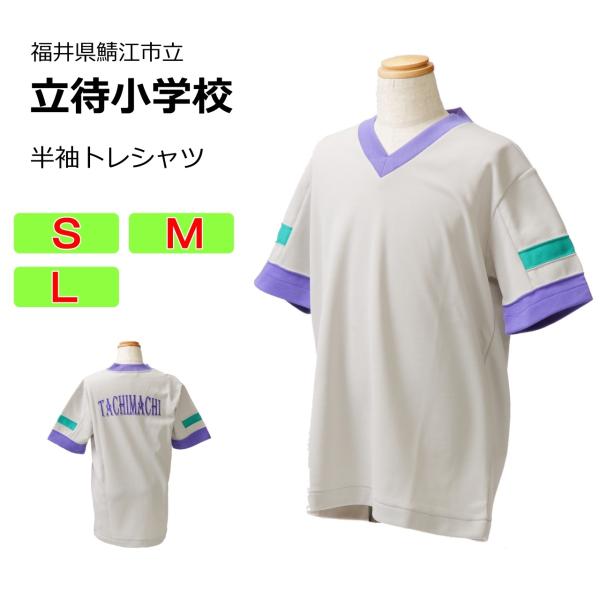 スクールメーカー「Galax(ギャレックス)」の学校指定体操服です。鯖江市立立待小学校の半袖トレシャツです。サイズ　S・M・LVネックの半袖シャツ。身頃はグレー色。裾部分は水平カット。背中に学校名のロゴ入り。※この商品は鯖江市立待小学校指定...