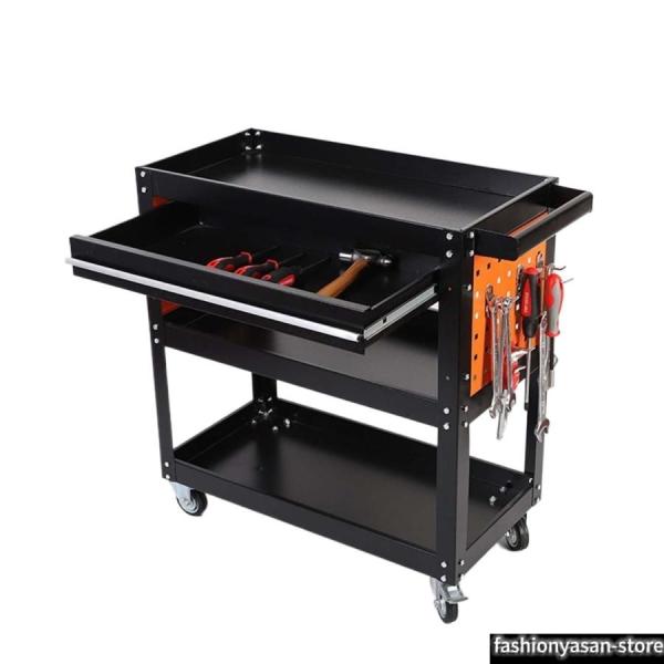 【ツールワゴン】：天板がとても広く、本格的な仕事ではもちろん。背が高いので立ち作業にもぴったりです。スムーズかつ軽々と動くツールカート。【ヘビーデューティキャスター】：キャスターのデザインは、その上に大きな負荷があっても、ツールカートを容易...