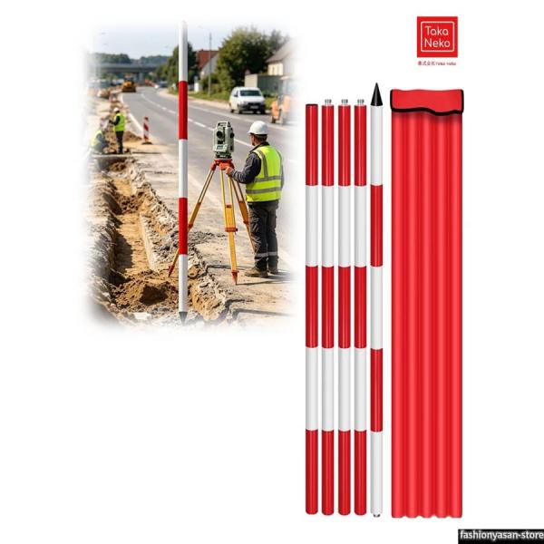 【測量作業の見づらさ・効率低下を解決】広い現場や屋外作業では測定位置の確認が難しいという悩みを解消。赤白の鮮明な目盛りデザインにより遠くからでも視認しやすく、測量ポイントの確認やマーキング作業を効率化します。【分割式設計で持ち運び・設置が簡...
