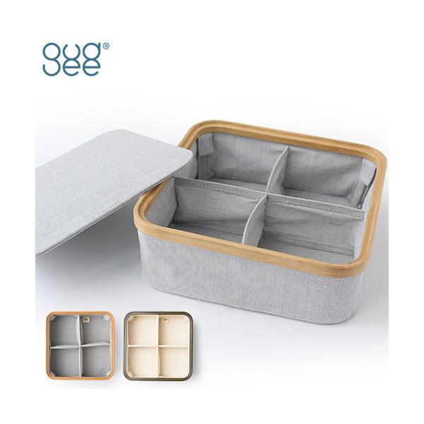 ●サニタリー、クローゼット収納をもっと便利に。ファッション小物の整理整頓に便利なふた付き仕切りバスケットです。4sectionはハンカチや下着、薄手の衣類の収納にぴったりです。●やわらかなブルーの色彩とナチュラルなバンブーの素材感。竹フレー...