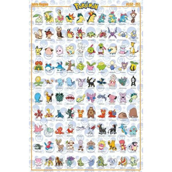 『ポケットモンスター 金・銀』の舞台であるジョウト地方のポケモンたち（No.0152〜0251）を集めた図鑑的な輸入ポスターです。チコリータ、ヒノアラシ、ワニノコをはじめ、伝説のルギア＆ホウオウまで網羅。　※ すべて英語表記となります【英文...