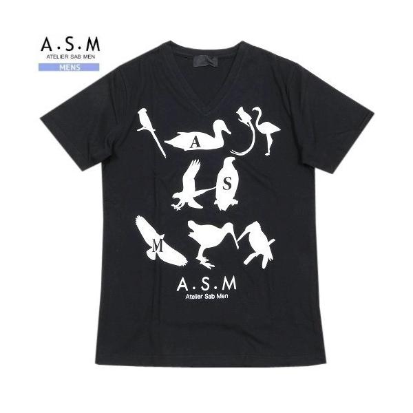 商品名：BIRDプリント Vネック Ｔシャツ(半袖)ブランド：ATELIER SAB MEN生産国：中国サイズ：表記サイズー48(M)　実寸ー着丈61cm　脇下幅43cm　肩幅38cm※ワンサイズ程度小さめの作りとなっております。※多少の誤...