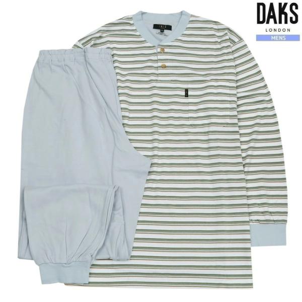 商品名：日本製 ソフトスムース ボーダー ヘンリーネック 紳士 パジャマ 長袖 長ズボンブランド：DAKS生産国：日本サイズ：表記サイズーS(チェスト80〜88 身長155〜165 ウエスト68〜76)実寸ー着丈68cm　脇下幅51cm　ウ...