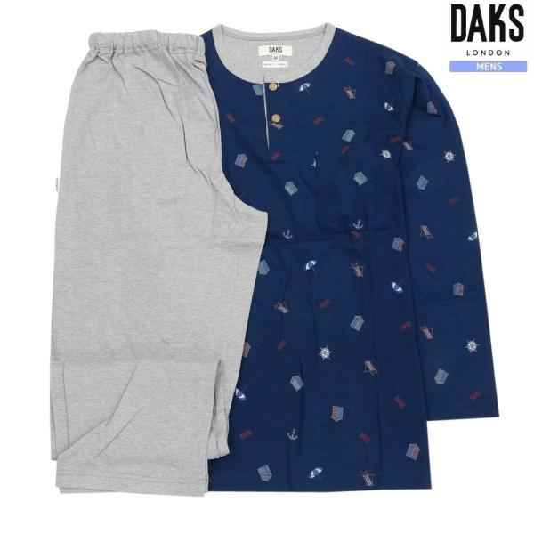 商品名：日本製 クールタッチ プリント ヘンリーネック 紳士 パジャマ 長袖 長ズボンブランド：DAKS生産国：日本サイズ：表記サイズーM(チェスト88〜96 身長165〜175 ウエスト76〜84)実寸ー着丈71cm　脇下幅54cm　ウエ...