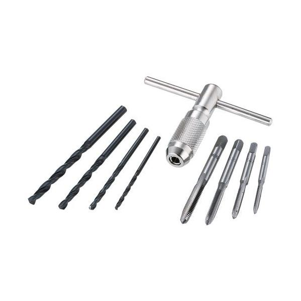 ●特長・4サイズの中タップと下穴ドリル、タップホルダのセットです●用途・鉄・真鍮・プラスチック・アルミニウム等の穴あけ、めねじ切り、めねじのねじ山形成に●材質・タップ：タングステン鋼・ドリル：高速度鋼●仕様・下穴用ドリル：2.5、3.3、4...