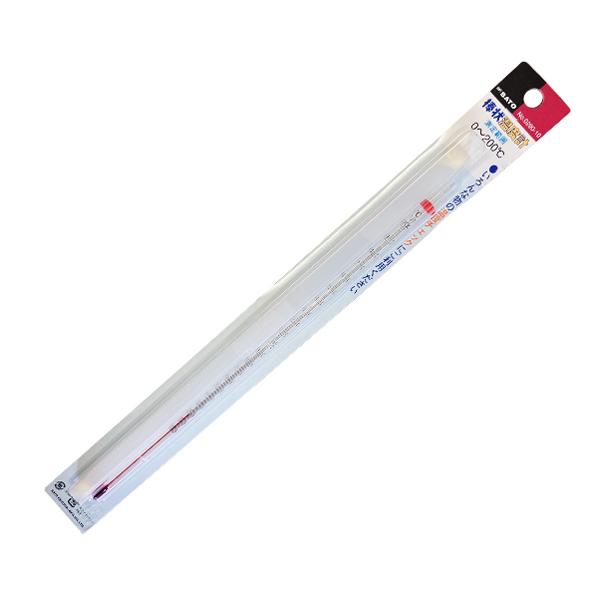 ●特長・シンプルで見やすい温度計です。（赤液、0〜200℃、1/1、スライドパック入） ・転がり防止ゴムが付いています●仕様・温度範囲：0〜200°C・目盛刻度：1目盛1°C・精度：±1°C・感温液の色：赤・収納形態：スライドパック・本体材...