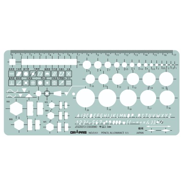 ●仕様・サイズ：縦90×横185×厚さ1.0mm・JIS規格による形状公差の許容値の図示記号、仕上記号、 部品略文字入・JIS B形斜体文字（英字・数字）・字高：3.5mm・円（1〜20mm）25穴