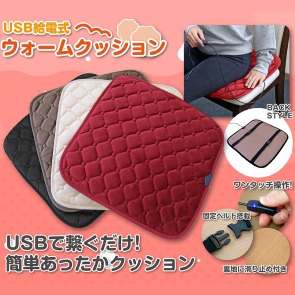 品番：USB 給電式 ウォームクッション商品仕様：●サイズ：約43.5×45×1.5cm ●重量：約100g ●コード全長：約1.3ｍ ●定格電圧：5V ●消費電力：9~10W ●温度(約)：40度 ●最大連続使用時間：約1時間(給電状況に...