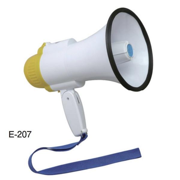 ●録音・再生機能、サイレン付き。●最大約10秒録音可能。品番：E-207 拡声器商品仕様：●ABS樹脂●寸法／口径15.5cm×長さ25cm×高さ21cm●重さ／490g●仕様／10W●単一電池4個使用（動作確認用電池付き）●音声到達距離／...