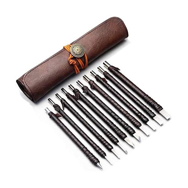 「商品情報」★プロ仕様のタングステン篆刻刀10本と高級革製収納ケースをセットにしました。・■平刀両刃(刃先)3mm/5mm/8mm/10mm ■平刀片刃(刃先)5mm★円刀 5mm ■斜刀両刃(刃先)5mm斜刀片刃(刃先)5mm★細密刀2種...