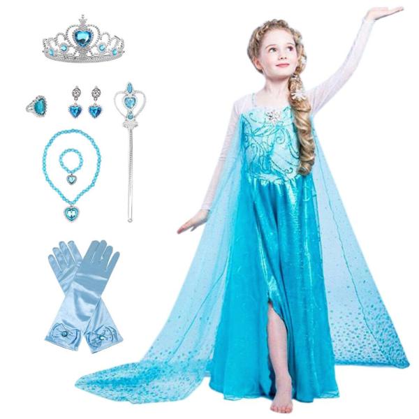 〜商品名〜アナと雪の女王 エルサ ドレス コスチューム 豪華８点セット  ( プリンセスドレス , リボン付グローブ, ハートのティアラ, 魔法のステッキ, ネックレス, イヤリング, 指輪, ブレスレット)〜仕様〜大人気ディズニー映画『ア...