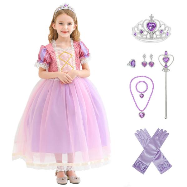 〜商品名〜塔の上の ラプンツェル ドレス コスチューム 豪華８点セット  ( プリンセスドレス , リボン付グローブ, ハートのティアラ, 魔法のステッキ, ネックレス, イヤリング, 指輪, ブレスレット)〜仕様〜大人気ディズニー映画『塔...