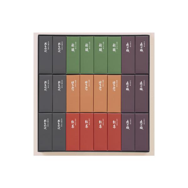 小形羊羹「夜の梅」「おもかげ」各6点、「新緑」「はちみつ」「紅茶」各4点を詰め合わせました。