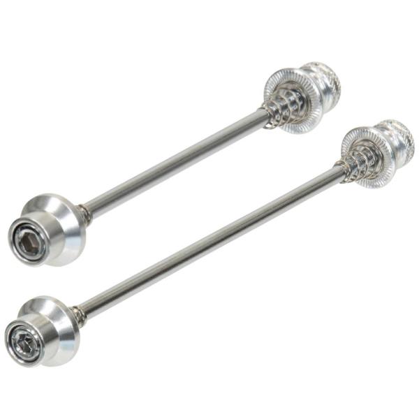 クイックリリースよりも確実な固定が可能なスキュワーセット。クロスバイクに最適なリア135mm用。●フロント用、リア用の2点セット●スチールシャフト●対応エンド幅:100mm(フロント)、135mm(リア)●70g