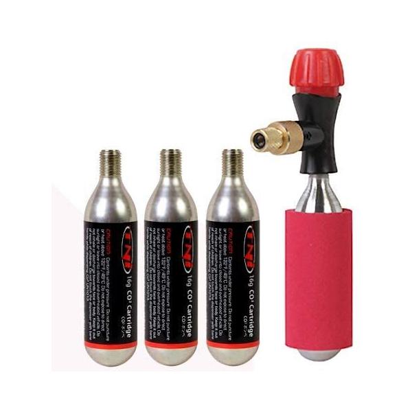 米式・仏式兼用タイプレギュレーター(ボンベヘッド)+スペアボンベ16g×4個付きボンベを装着し、チューブのバルブが開いているか確認した上で、ボンベヘッドをバルブにねじ込みます。その後ヘッドを回転させることでチューブに空気を充填できます。&l...