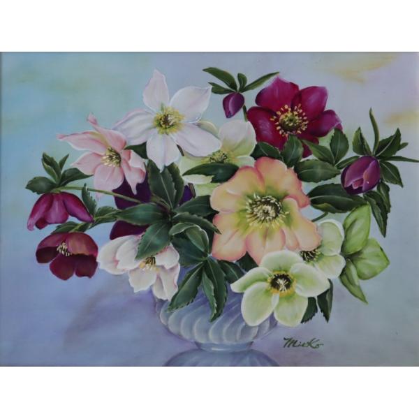 ☆クリスマスローズを描いた作品☆使用絵具　アメリカーナ☆絵のサイズ：横340mm×縦260mmですが、お好みのサイズに変更してお使いください。☆無途装白木素材とパターン（写真・実物大図案・描き方の手順の説明が入っています。絵具・筆などは含ま...