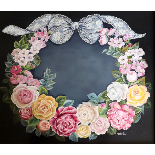 ☆レースリボンとバラのリースを描い作品☆絵具はアメリカーナを使用して描いています.☆絵のサイズ：約横340mm×縦310mmですが、お好みのサイズに変更してお使いください。☆無途装白木素材とパターン（写真・実物大図案・描き方の手順の説明が入...