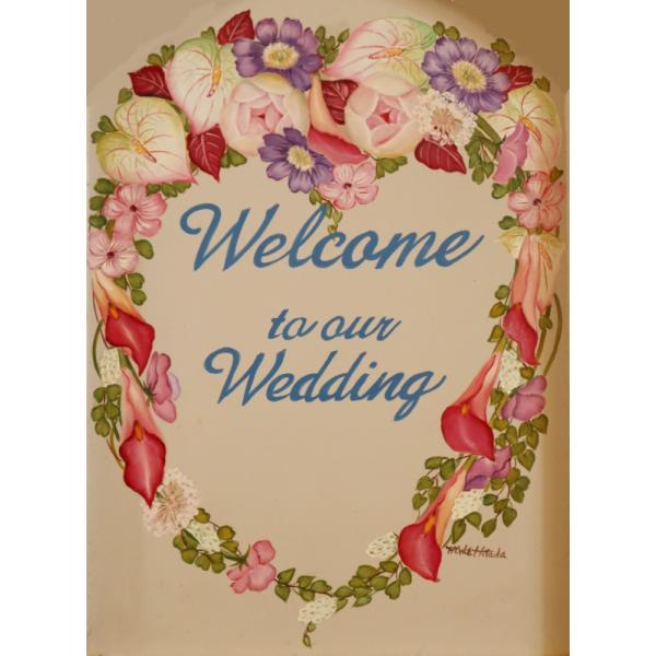 ☆カラーとアンセリュームのウェディングボードを描いた作品☆絵具はアメリカーナを使用して描いています.☆絵のサイズ：約横275mm×縦360mmですが、お好みのサイズに変更してお使いください。☆無途装白木素材とパターン（写真・実物大図案・描き...