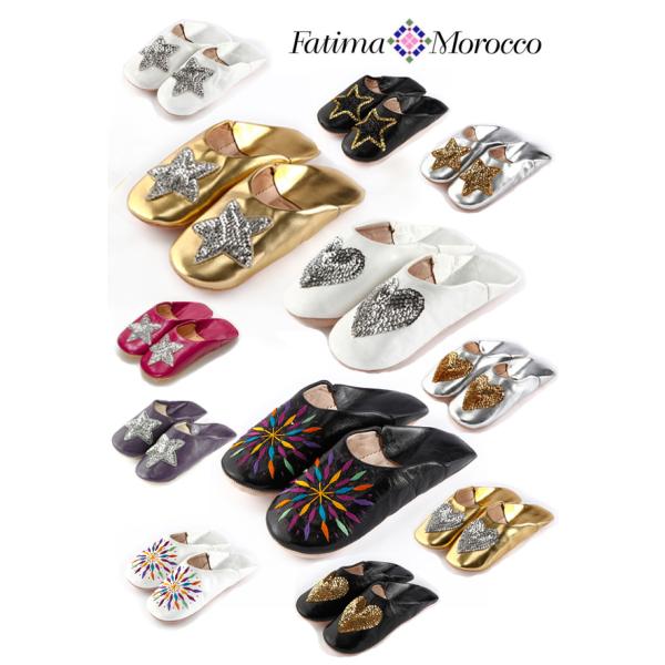 シンプルなプレーンカラーのバブーシュに大きく飾られたスパンコール・刺繍がインパクトのあるクールにもキュートにも魅せてくれるバブーシュです。