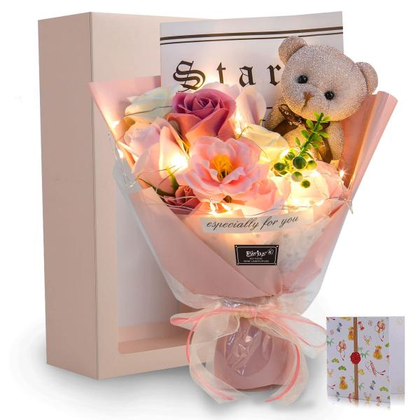 【商品名】　光る LED ライト 付き ソープフラワー 花束 バラ 造花 可愛いくま 誕生日 母の日 父の日 敬老の日 母のひプレゼント お祝い 女性 ★★ラッピングについて★★当店ではラッピングは承っておりません。ご了承くださいませ。★★...