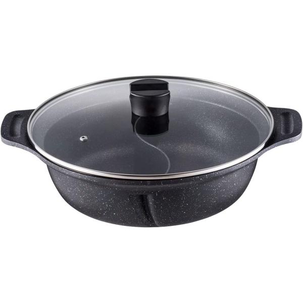 [関連word] 二食鍋 仕切り 仕切り付き 仕切り鍋 IH ガラス蓋 ガラス ふた付き オール熱源 ガス 鍋 黒 ブラック おしゃれ 28cm 大きい 大 卓上 二人用 5L こげつかない お手入れ簡単 洗いやすい