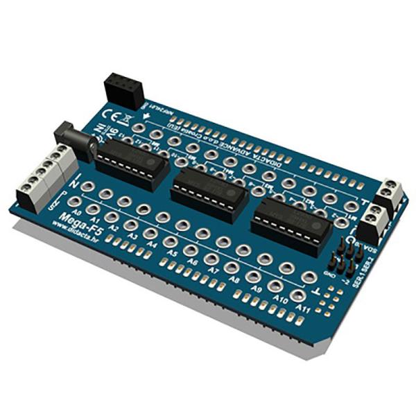 Arduino Mega用拡張カード（Arduino Mega等は別途手配してください）12×出力または6×DCモーター、12×入力(12×デジタル・アナログ入力)、I2C、TX+RX拡張ボードへの電源は６〜９V ですので、９Vを供給するこ...