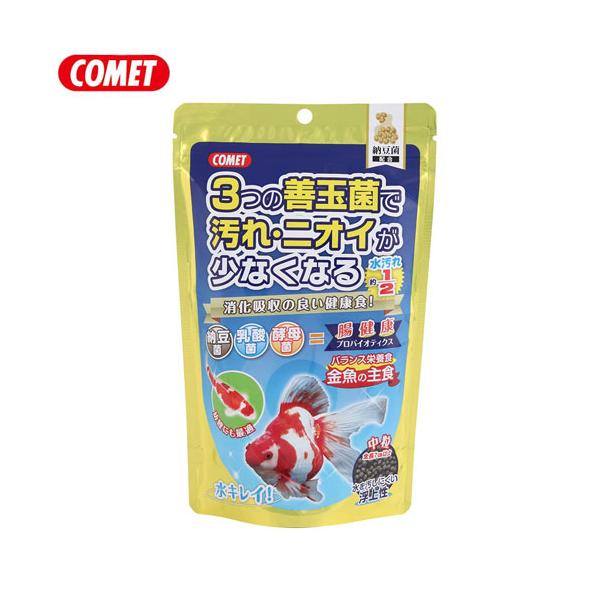 納豆菌が腸内細菌のバランスを整え、消化吸収・排泄物分解力UP！飼育水の嫌な臭いを軽減します。飼育水を汚しにくい浮上性。中型金魚〜鯉が食べ易い中粒タイプです。
