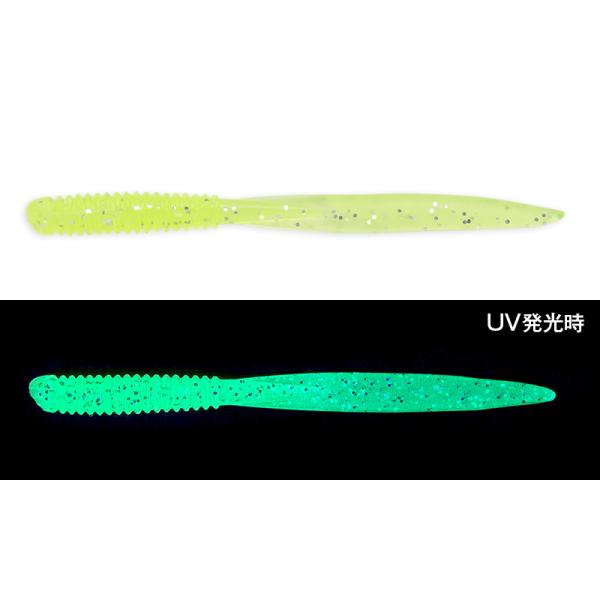 フック用下穴を途中まで設けることで、まっすぐに刺しやすい利便性と裂けにくい強度を両立しています。肉厚で偏平なテールはロッドワークで敏感に反応。素材の柔らかさとあいまって、アジのバキュームバイトで吸い込まれやすくなっています。7本入